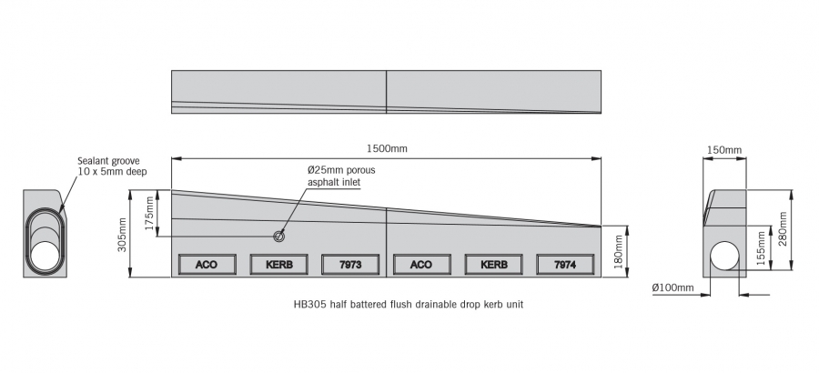 ACO KerbDrain HB305 Half Battered LH Flush Drainable Drop Kerb 1500mm ...